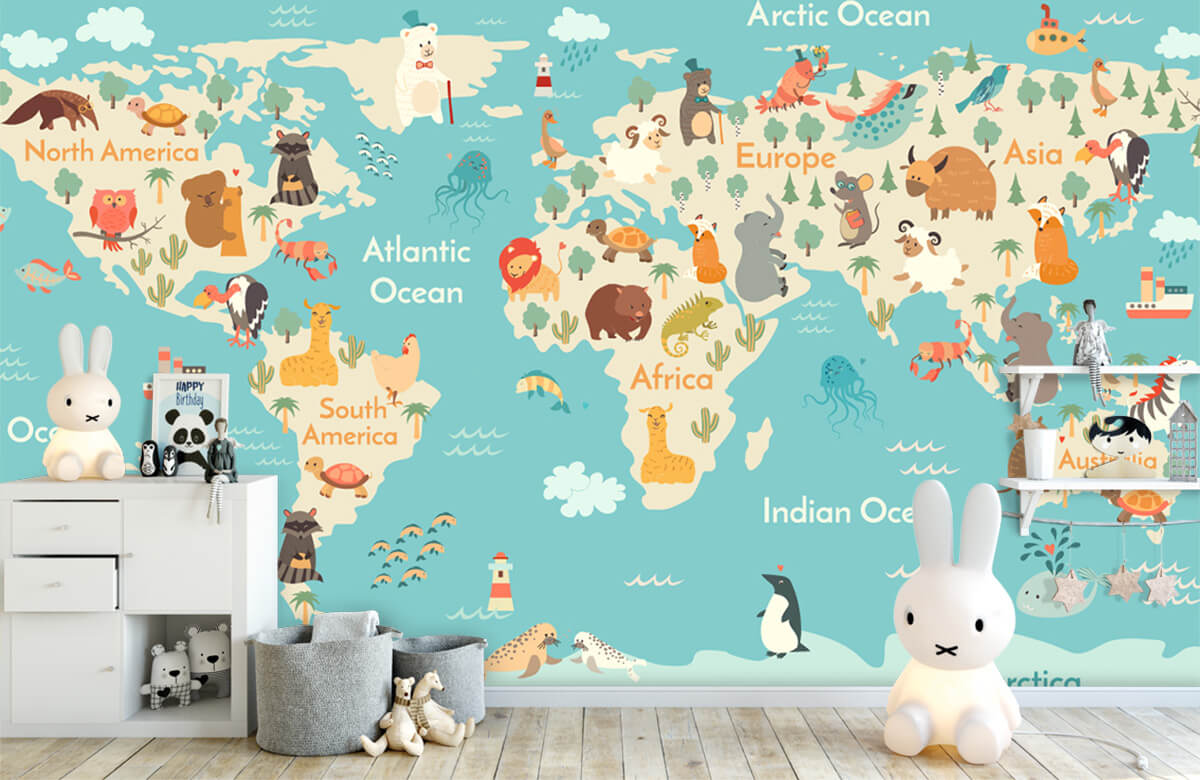 Världskarta med djur - Wallgroup Fototapet