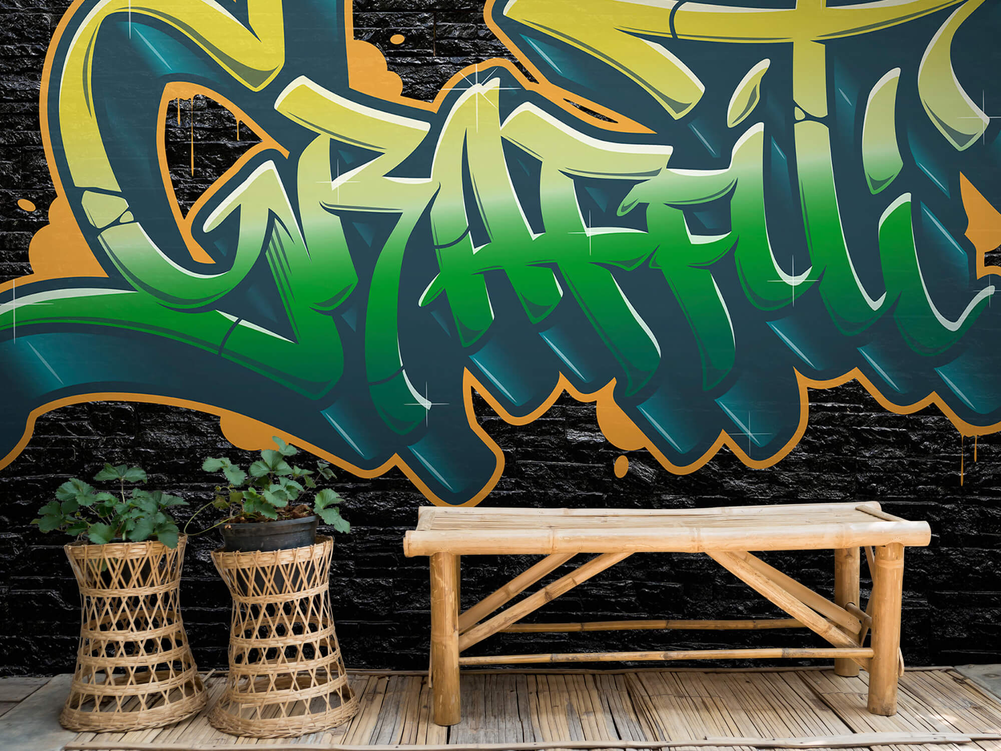 Graffiti på svart tegelvägg - Wallgroup Fototapet